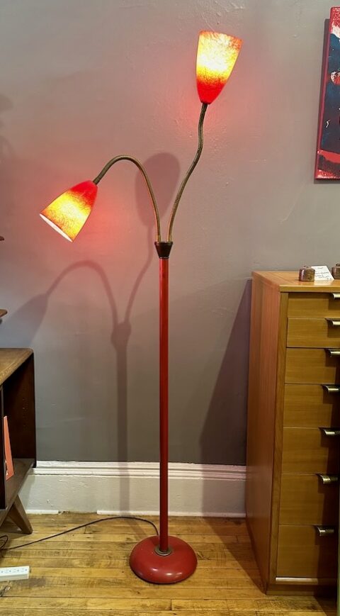 Mid Century Double Gooseneck Floor Lamp w/Red Fiberglass shades | Circa