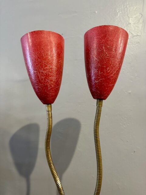 Mid Century Double Gooseneck Floor Lamp w/Red Fiberglass shades | Circa